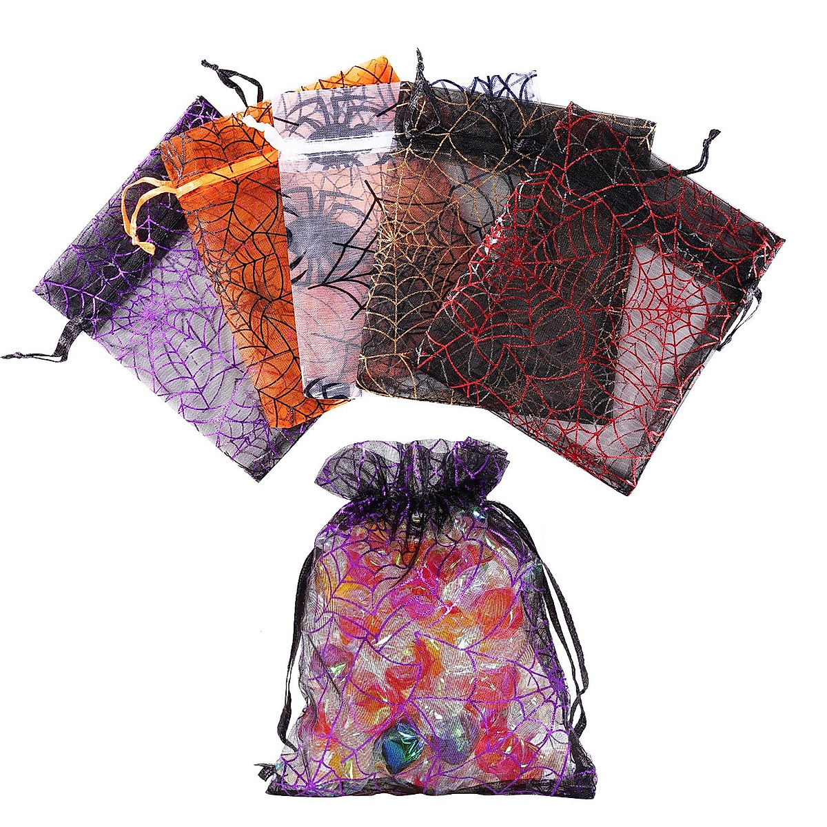 100PCS Halloween Organza Bags Gift Jewelry Candy Bags for Halloween Party Including 5 Patterns 4x4.8Inch