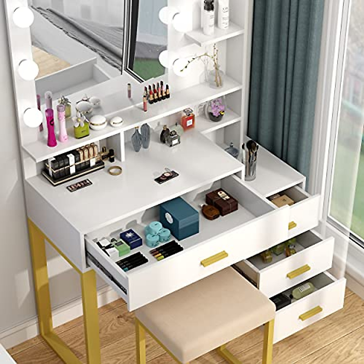 PAKASEPT Vanity Set with Lighted Mirror, Makeup Vanity Dressing Table with LED Light, Drawers, Storage Shelves and Cushioned Stool, Small Vanity Desk for Bedroomy,39.4"L x 15.7"W x 63"H