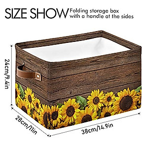 HMZXZ Summer Floral Sunflower Wood Canvas Fabric Storage Basket Collapsible Toys Storage Bin with PU Leather Handles Basket Box Organizer for Wardrobe Closet Shelves Organiser