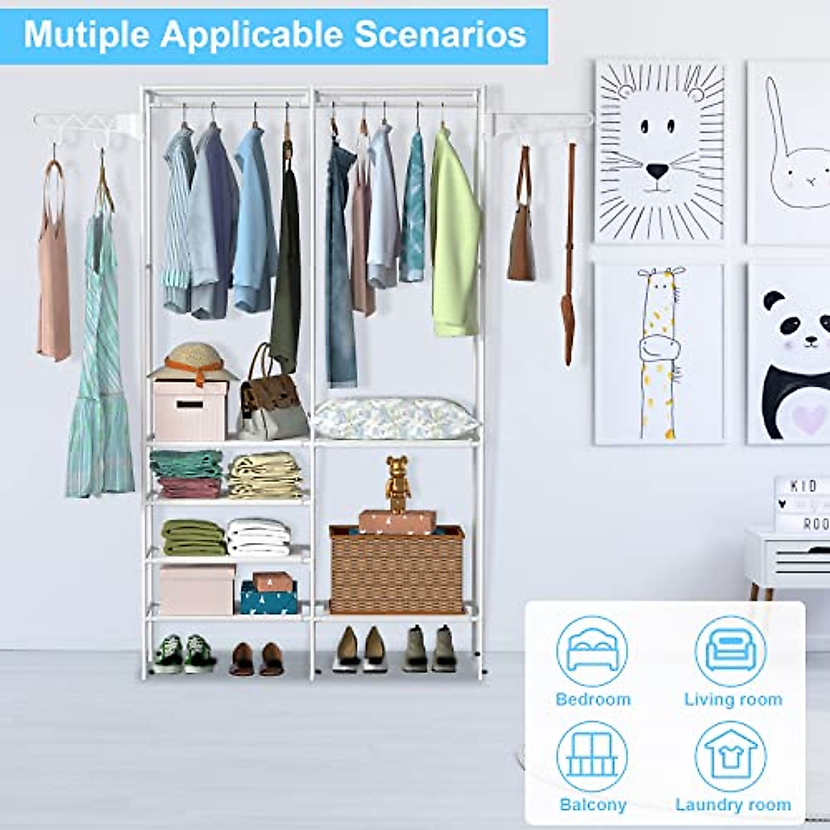 KOCASO Garment Shoes Rack Simple Closet Metal Shelf Clothing Organizer with 4 Hooks and Lower Storage Space, White