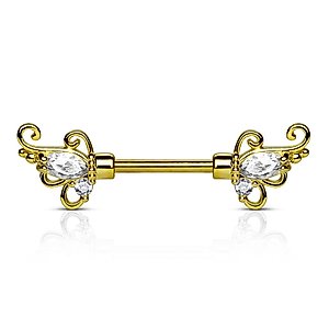 Pair of CZ Floral 14K Gold Plated Surgical Steel Nipple Rings Barbells 14g 1/2" - Gold