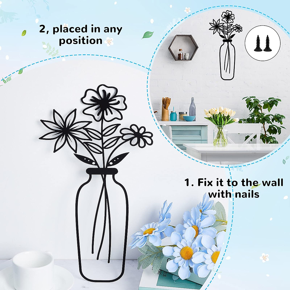 2 Pieces Vase Metal Wall Art Flower in Vase 13.8 x 7.9 Inch Kitchen Wall Decor Boho Metal Flower Wall Art Metal Flower Wall Decor Hanging Black Wall Art Sign Vase Metal Wall Sign for Home Garden