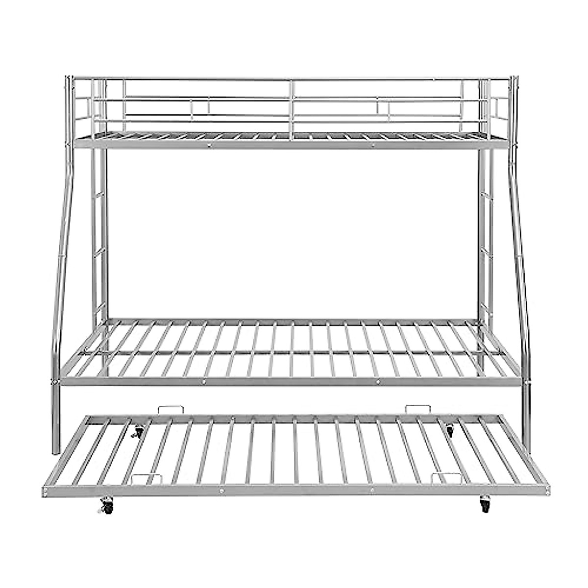 NCKMYB Metal Bunk Bed with Trundle for 3 Twin Over Full Bunk Bed with 2 Ladders, for Kids Teens Adults, Space-Saving Design, Silver