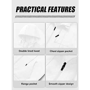 Chrisuno Men's Athletic Fit Full Zip Fleece Large Hooded Sweatshirt Active Breathable Hoodie S White