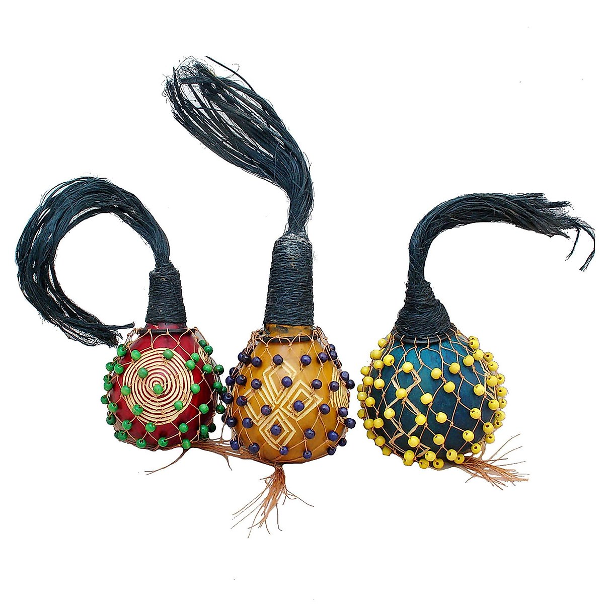 Gourd Maracus Shaker Covered With Net Of Beads And A Whisk. 6 in x 8 in. Overall length with whisk is approx 20 inches