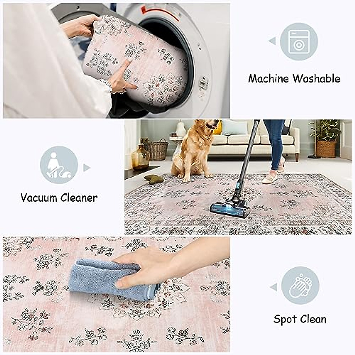 Lahome Machine Washable Round Rug 5Ft, Soft Boho Pink Round Area Rugs for Nursery and Girls Bedroom, Pastel Floral Ultra-Thin Non-Slip Circle Carpet for Living Room Indoor Floor Home Office Decor