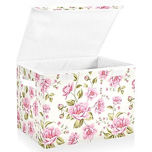 Sletend Storage Box Rose Flower Floral Closet Storage Bins with Lids, Foldable Oxford Fabric Storage Box for Home Bedroom Closet Office (16.5x12.6x11.8 in)