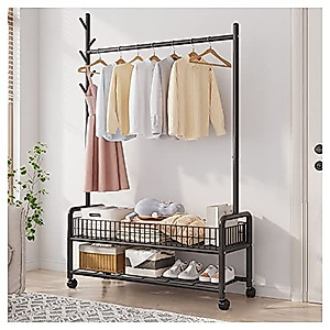 OTBK Rolling Metal Coat Rack Two Shelves Clothing Hooks Garment Rack Organizer with Wheels Bottom Shelves for Clothes Hats Bags (Color : Black)
