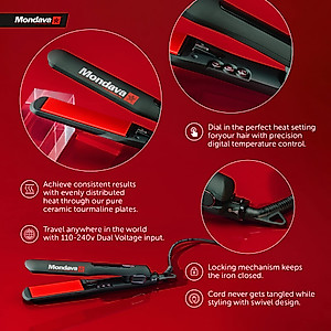 MONDAVA Professional | Ceramic Tourmaline Flat Iron Hair Straightener 1¼" | (Dual Voltage) | (Adjustable Temperature Digital Technology) | Straighten & Style Wild Hair in Under (8 Min)