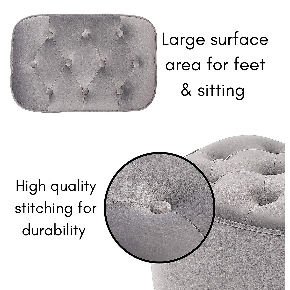 BIRDROCK HOME Tufted Curve Grey Ottoman – Velvet Foot Stool – Mid Century Modern Steel Legs - Soft Compact Padded Stool - Living Room or Bedroom – Vanity Chair - Decorative Furniture