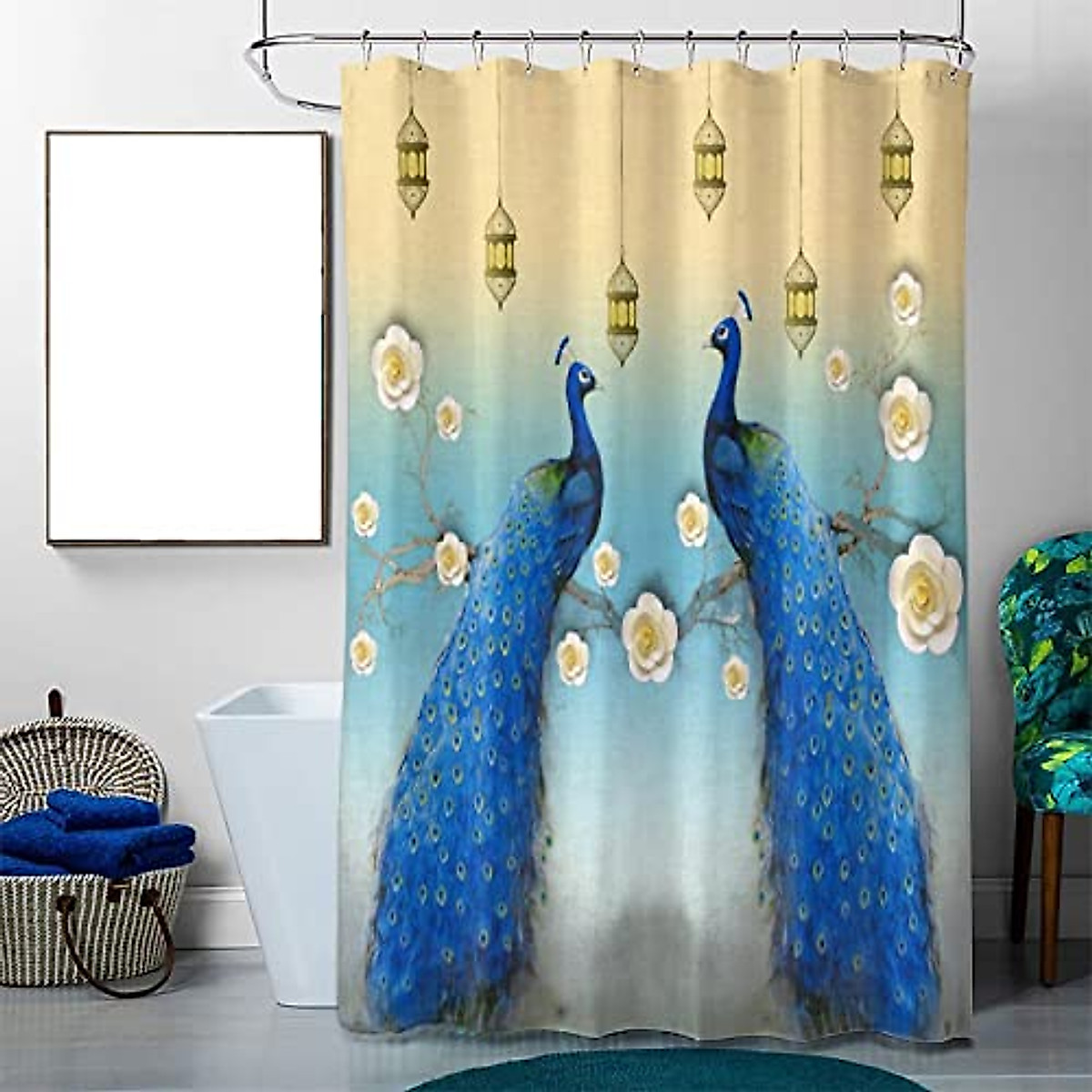 Zmcongz Peacock Shower Curtain Set with Rugs for Bathroom Decor Retro Style Blue Feather Birds Lanterns Flower Bathroom Decor Bath Curtain with Rugs Toilet Lid Cover Bath Mat, 72x72 Inch