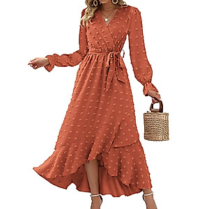 BTFBM Women's Boho Cocktail Maxi Dress 2024 Fall Fashion V Neck Swiss Dot Long Sleeve Flowy Slit Wedding Party Dresses(Swiss Dot Orange, Large)