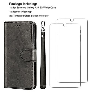 for Samsung Galaxy A14 5G Case and Tempered Glass Screen Protector, PU Leather Flip Cover Wallet Phone Case Protector [Full Protection] [Card Slots] [Kickstand] for Samsung Galaxy A14 4G, Black