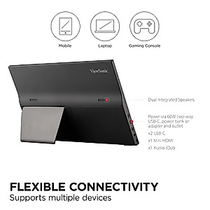 ViewSonic VA1655 15.6 Inch 1080p Portable IPS Monitor with a Built-in Stand, Mobile Ergonomics, USB C, Mini HDMI and Protective Case for Home and Office,Black