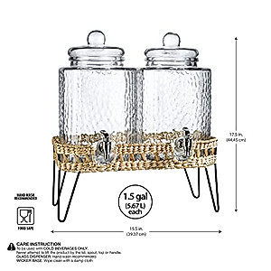 Double Ice Cold Clear Glass Hammered Beverage Drink Dispensers On Wicker Metal Stand 1.5 Gallon Each Mason Jug For Outdoor, Parties & Daily Use