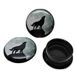 Pierced Republic Wolf Howling at The Moon Ear Plugs - Acrylic - Screw-On - New *Pair* - 8 Sizes (2 Gauge (6mm))