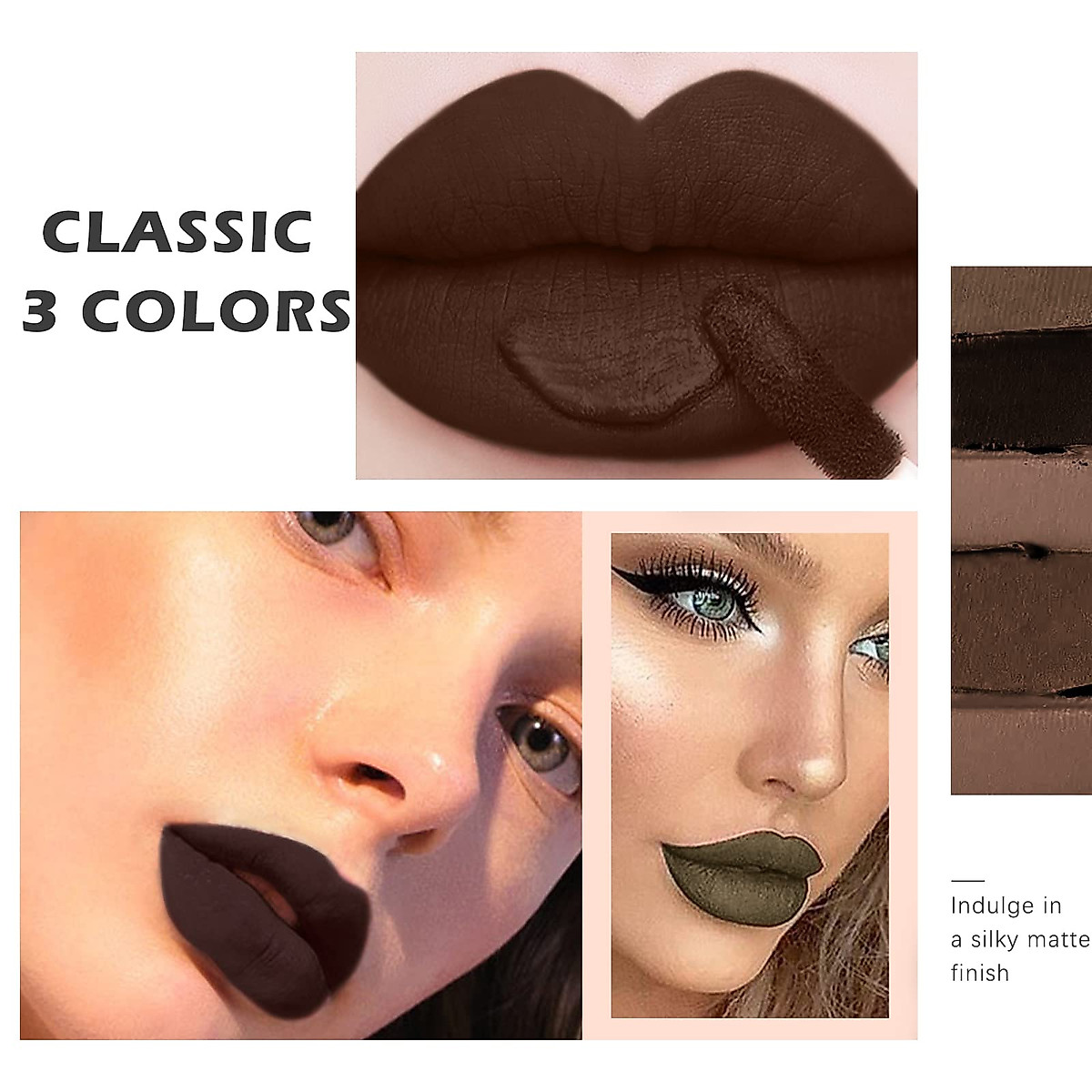 NewBang 3 Colors Dark Black Lipstick and Lipliner,Matte Liquid Lipstick Set,Black Brown Lip Stain Lip Gloss and Lip Liner Waterproof Longlasting Lip Halloween Christmas Makeup(6 pcs)