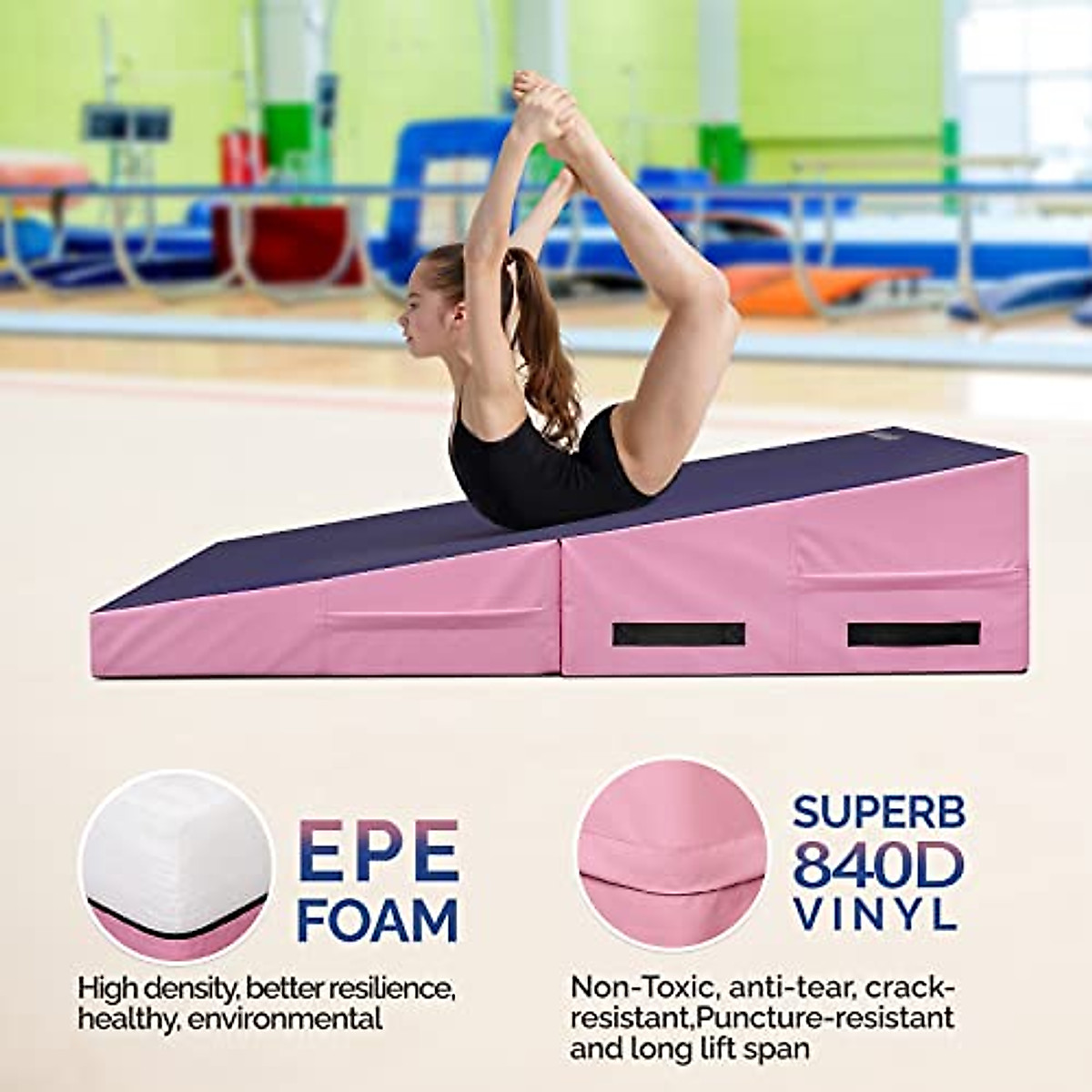 Matladin 55"x28"x14" Folding Gymnastics Cheese Wedge Incline Mat, Gym Fitness Tumbling Skill Shape Mat for Kids Girls Home Training Exercise (55"x28"x14", Purple+Pink)
