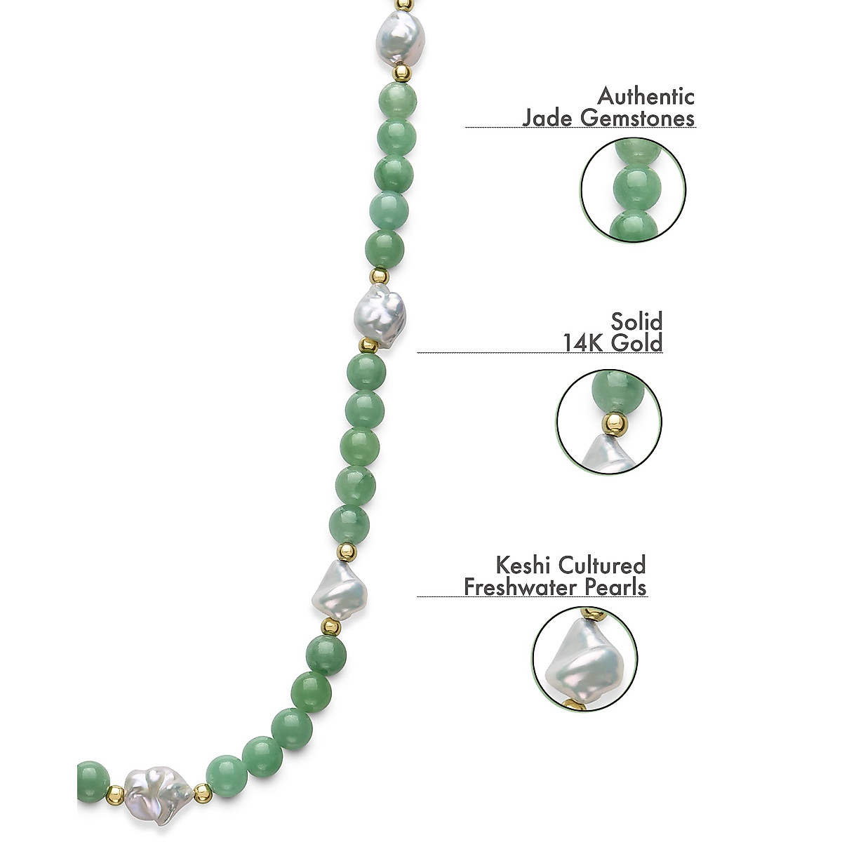 14k Yellow Gold Natural Green Jade and Keshi Freshwater Pearl Necklace for Women (18")