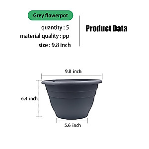 RooTrimmer Plant Pots Set of 5, 10 Inch Round Flower Pots, Thickened Plant Planters with Drainage Holes, Garden Pots for Indoor Outdoor (Dark Gray)