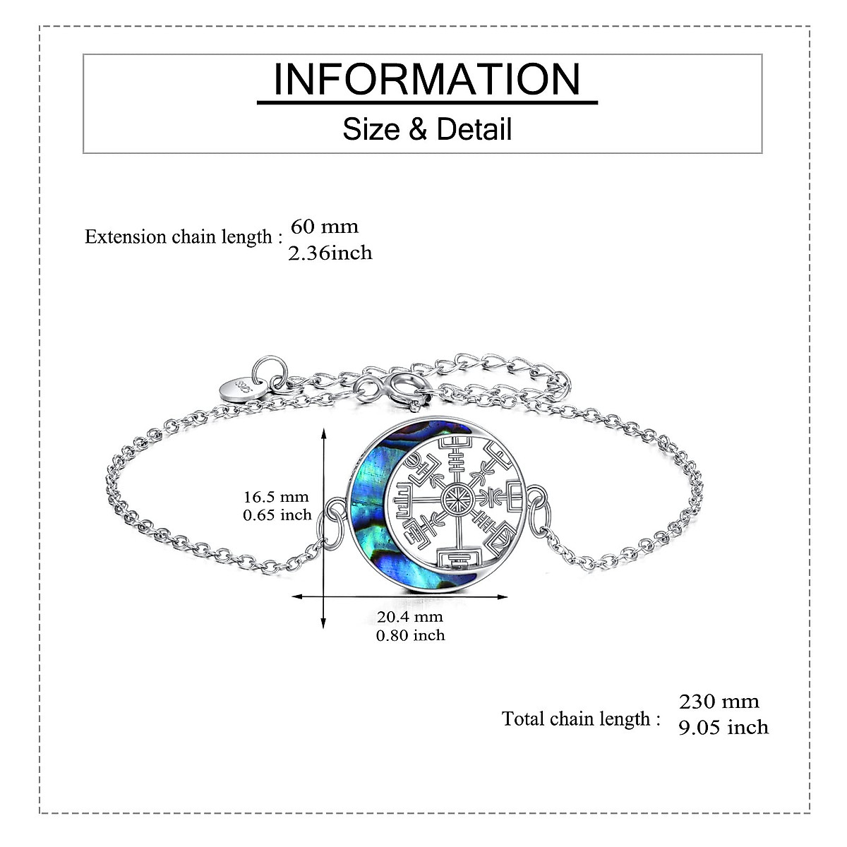 URONE Viking Compass Bracelet Sterling Silver Abalone Shell Crescent Moon Compass Travel Nordic Pagan Jewelry for Women