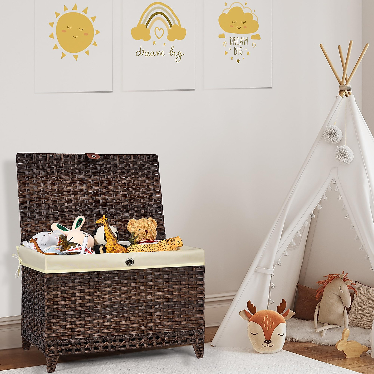 Honjourai Wicker Storage Basket with Lid,Rattan Shelf Basket with Removable Liner Bag,160L Storage Bin,Storage Trunk with Heightened Feet,Storage Container for Wardrobe,Home Organizer