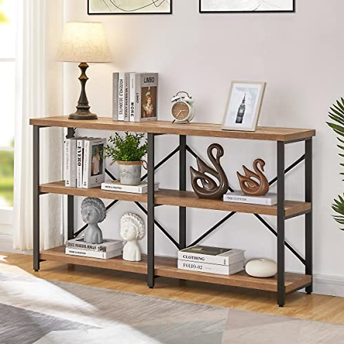 BON AUGURE Rustic Sofa Console Table w/ Shelves - 55" Vintage Oak