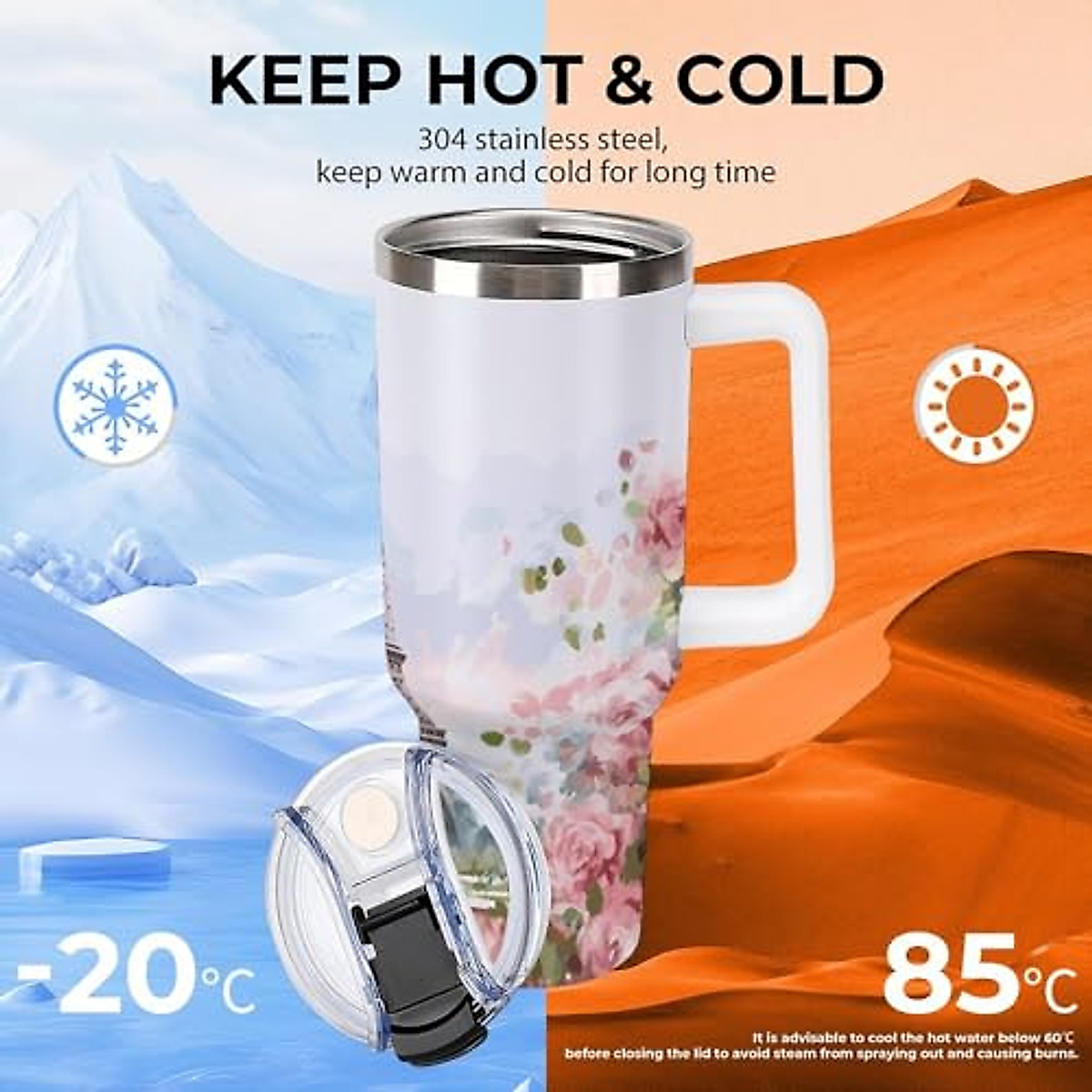 40 Oz Vacuum Tumbler with White Handle Leakproof Insulated Tumbler Paris Eiffel Tower with Flowers Stainless Steel Travel Mug with Lid And Straw Coffee Cup Cute Water Bottles Cup Holder Friendly