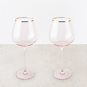 TWINE Rose Red Wine Glasses, Gold Rimmed Pink Tinted Crystal Wine Glass Set, Stemmed Wine Glasses, Set of 2, 20 Ounces