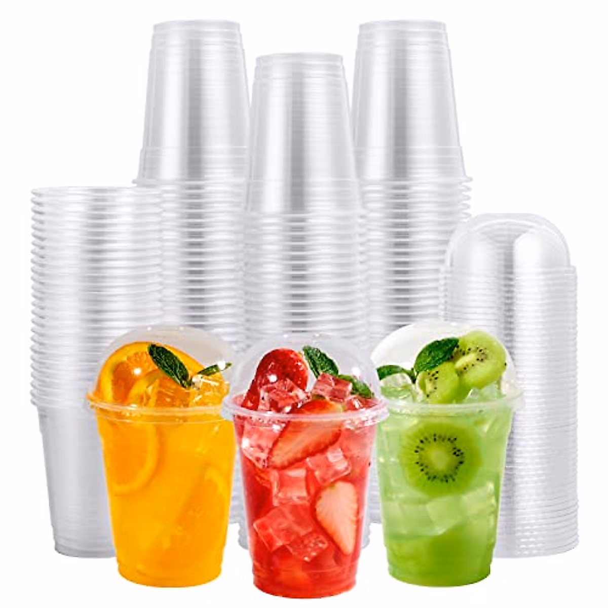FOCUSLINE 200 PACK 12oz Clear Plastic Cups, Disposable Cold Drinking Cups, 12 Ounce Clear Cups with Dome Lids with Holes for Smoothie, Milkshake, Bubble Tea, Parfait