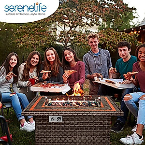 SerenelifeHome Outdoor Propane Fire Pit Table- 50,000 BTU Auto-Ignition Gas Fire Pit w/Glass Wind Guard, Black Tempered Glass Tabletop & Clear Glass Rock for Outdoor Cooking & Grilling - SLFPTIL49