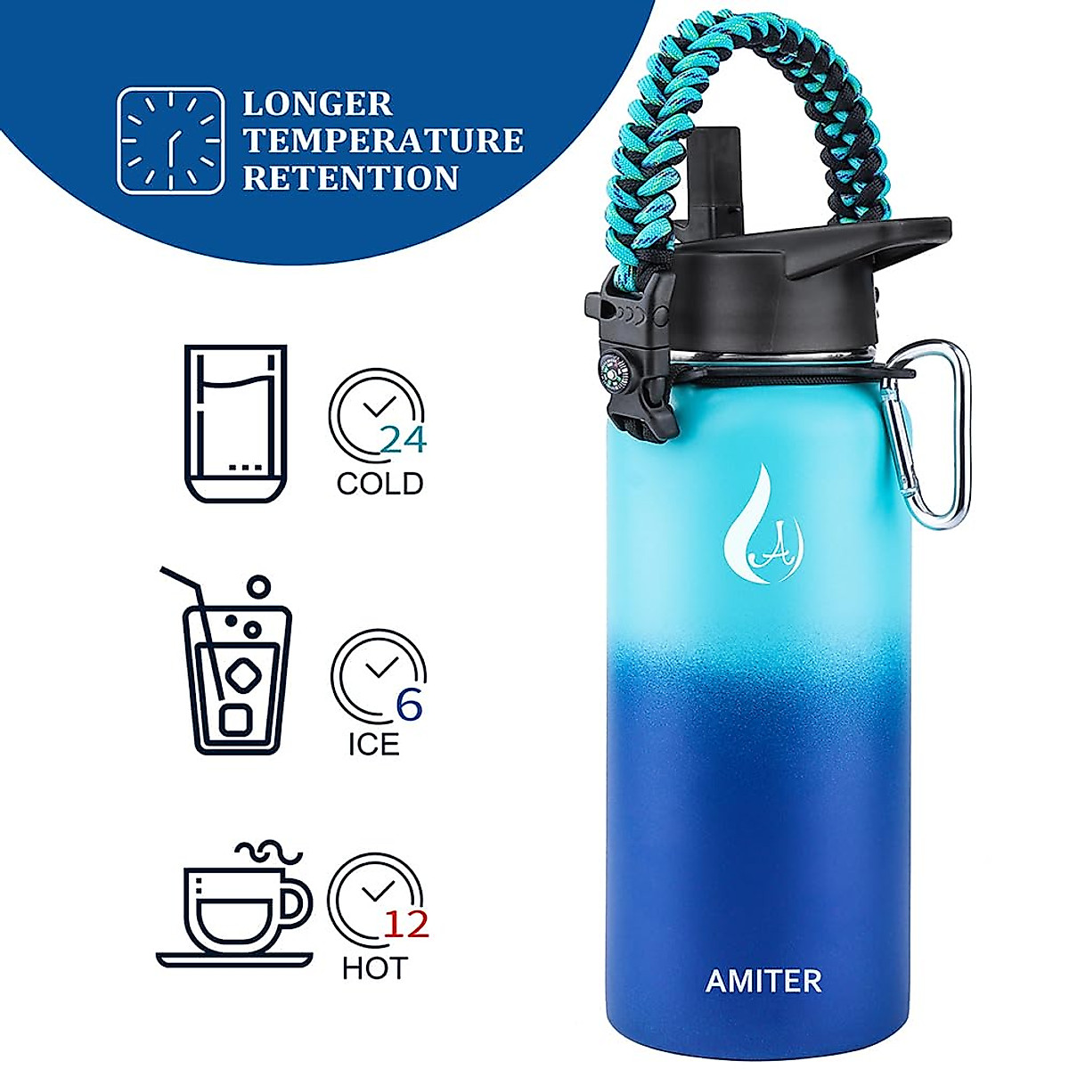 AMITER Insulated Bottle with Straw & Spout Lid, Wide Mouth Stainless Steel Water Bottles with Paracord Handle - 22oz, 32oz, 40oz, 64oz