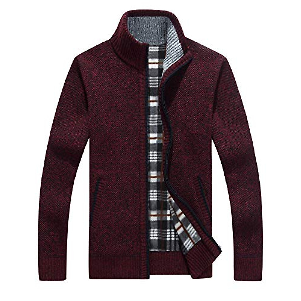 Yeokou Men's Slim Fit Zip Up Casual Knitted Cardigan Sweaters With Pockets (Large, Wine Red)