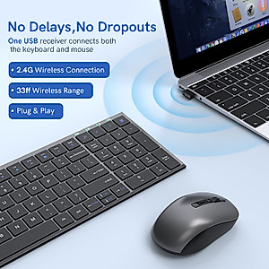 Wireless Keyboard and Mouse, Compact Slim Silent Keyboard with Number Pad, Low Profile Full Size Cordless Quiet Mouse Keyboard Combo for Windows, PC, Laptop (Grey)