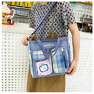 MOMEITU Kawaii Backpack with Cute pins and Pendants ins School Plaid Backpack Harajuku Student School Bag(Blue)