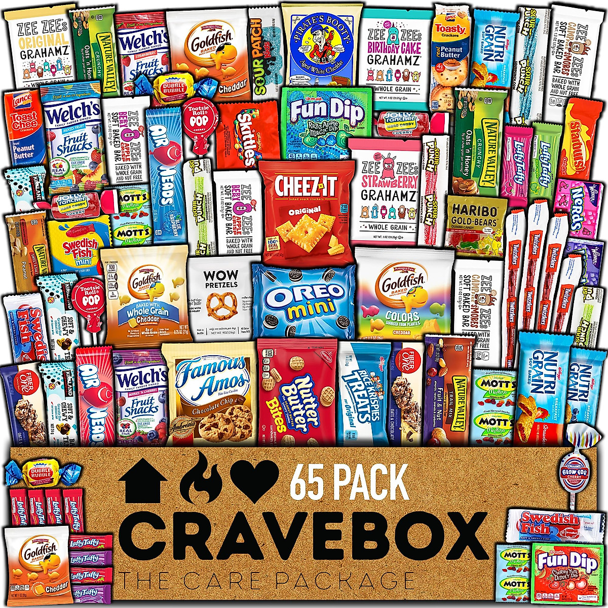 CRAVEBOX Snacks Box Variety Pack Care Package (65 Count) Finals Treats Gift Basket Boxes Pack Adults Kids Grandkids Guys Girls Women Men Boyfriend Birthday Cookies Chips Teenage Mix College Student Food Sampler Office School