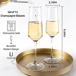 Champagne Glasses Set of 12, Elegant Champagne Flutes, Modern Sparkling Wine Glasses for Home Bar, Wedding, Anniversary, 7.5 oz, Clear