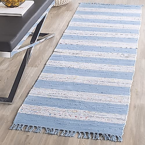 SAFAVIEH Montauk Collection 2'3" x 7' Ivory / Turquoise MTK720C Handmade Stripe Fringe Cotton Runner Rug