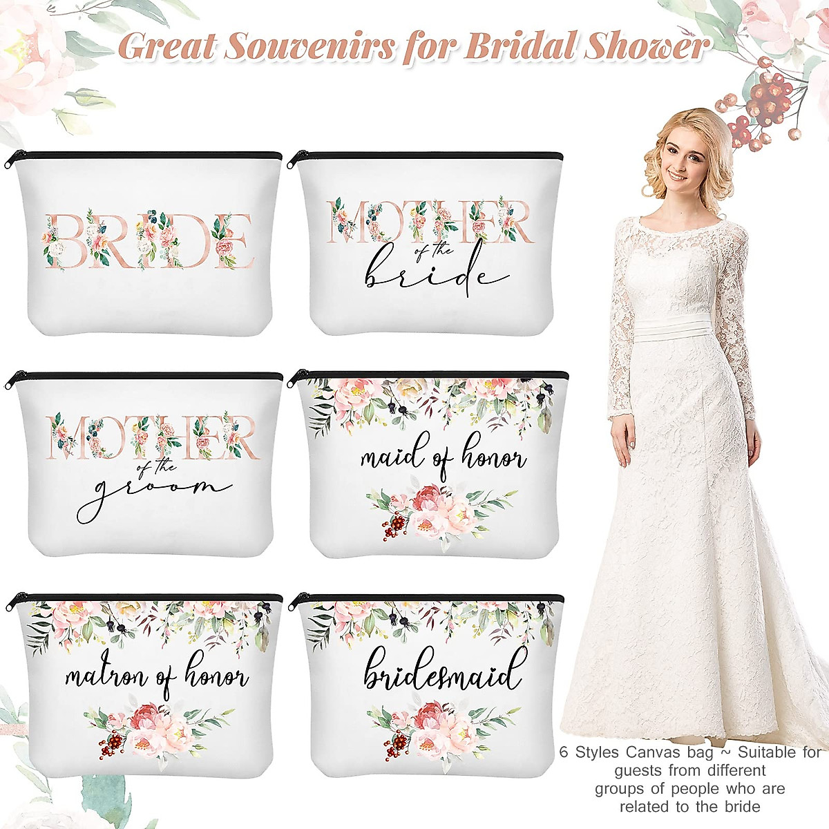 10 Pieces Bridesmaid Makeup Bag Wedding Canvas Bag Bride Bridesmaid Bags Print Bridesmaid Gift Bag Canvas Makeup Bags Wedding Party Cosmetic Bag Bridal Shower Gift Bags for Women Bridal Party(Floral)