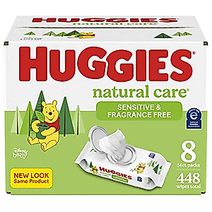 Baby Wipes, Huggies Natural Care Sensitive Baby Diaper Wipes, Unscented, Hypoallergenic, 8 Flip-Top Packs, 56 Count (Pack of 8)