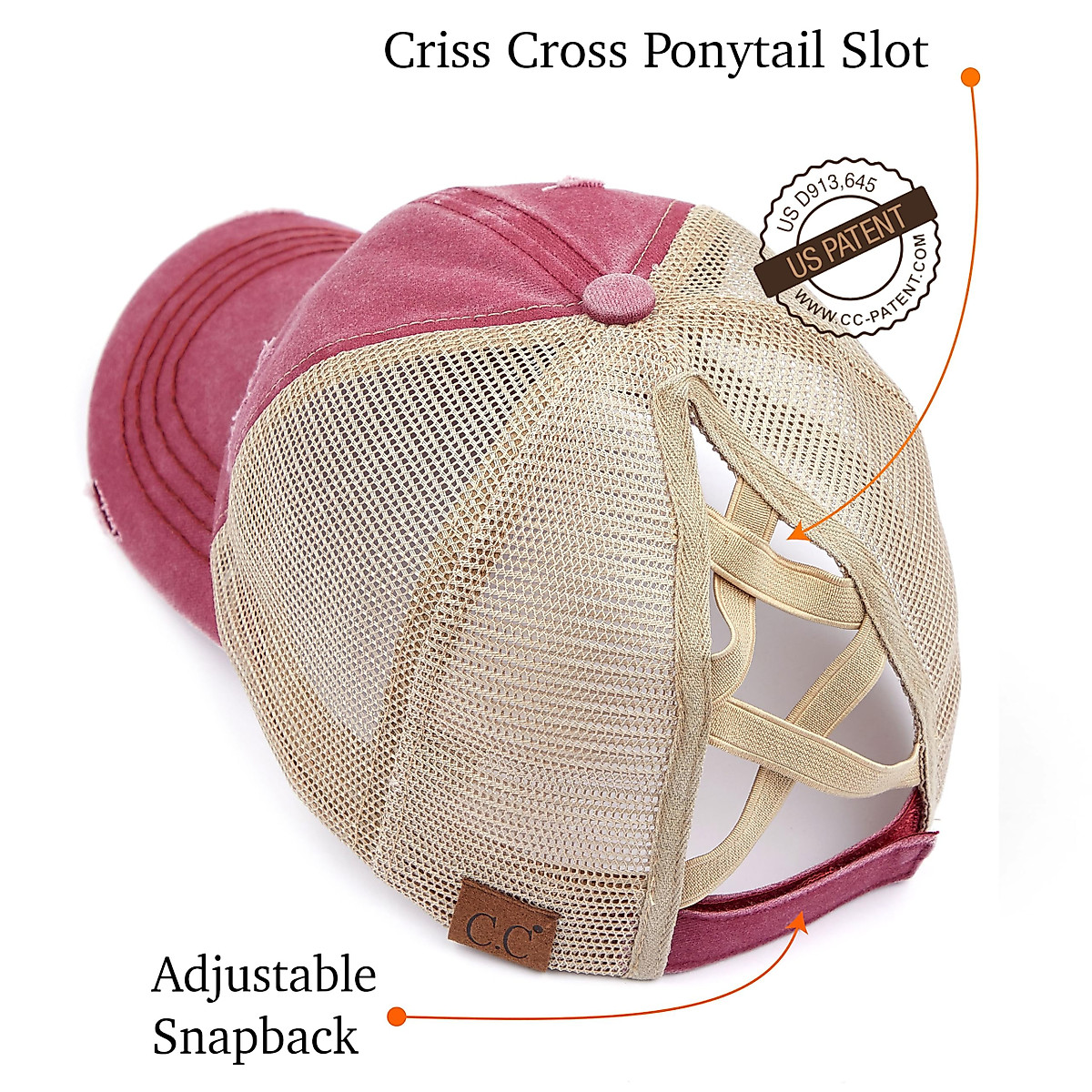 C.C Exclusives Washed Distressed Cotton Denim Criss-Cross Ponytail Hat Baseball Cap Bundle Hair Tie (BT-780)(BT-791) (A Elastic Band-Berry)