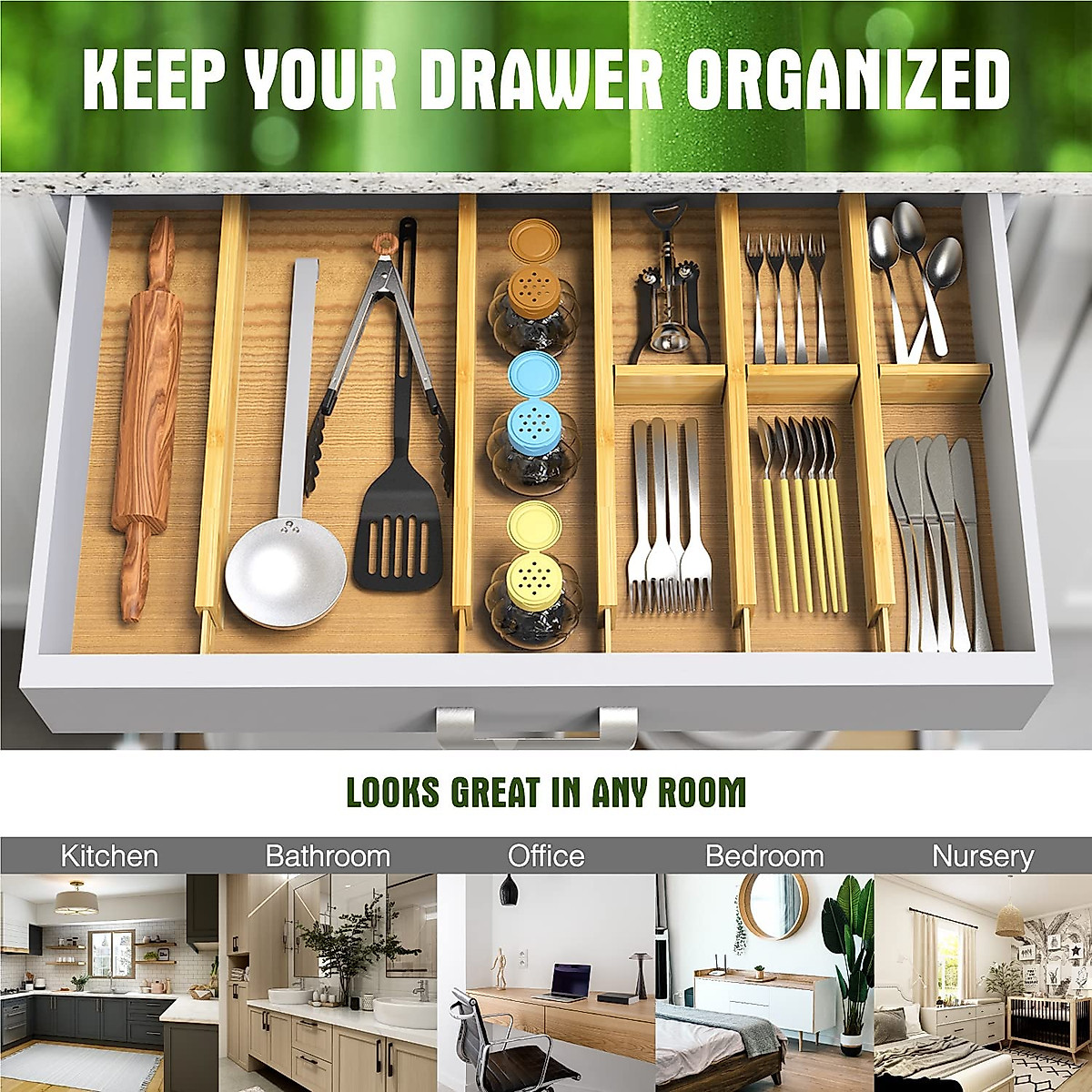 ANTOWIN Bamboo Drawer Dividers Organizers, Drawer Separators Splitter,17-22 inches Long Adjustable Spring-loaded Organizer for Large Utensil, Clothes, Tools Drawers (4+4)