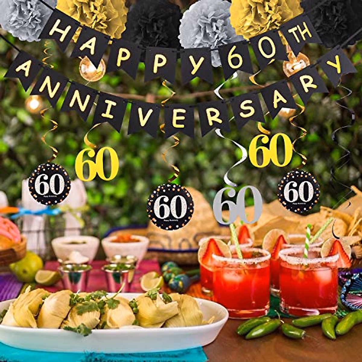 60th Anniversary Decorations Supplies Kit - Gold Glitter Happy 60th Anniversary Banner, 9Pcs Sparkling 60 Hanging Swirl, 6Pcs Poms - for 60th Wedding Anniversary Party Decorations