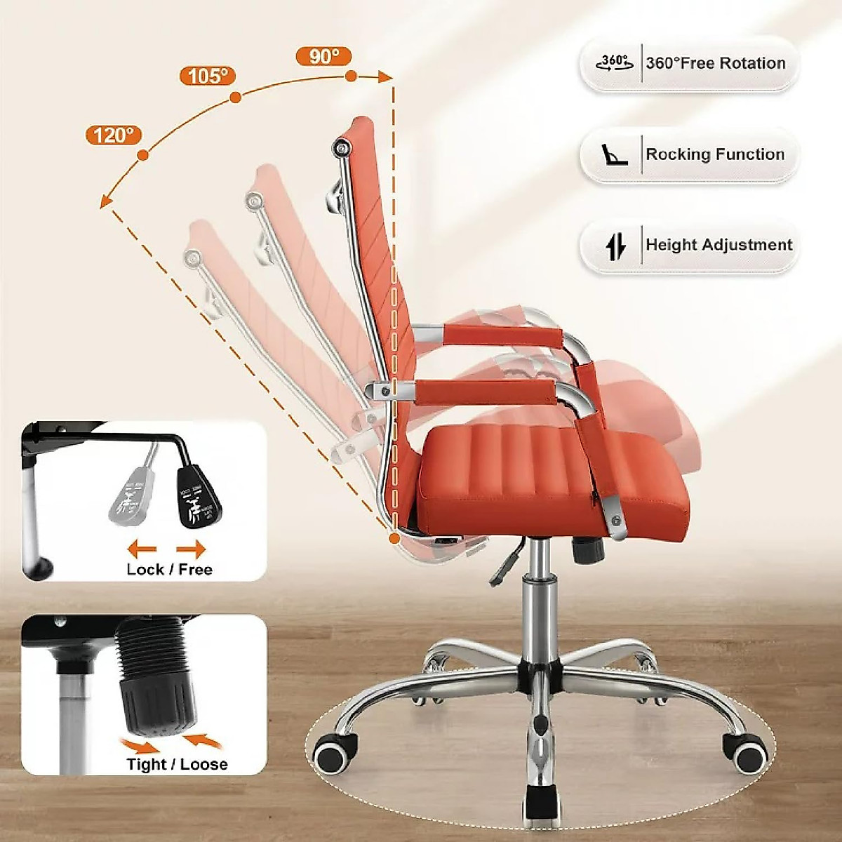 Modern Office Chair Mid-Back PU Leather Executive Conference White Office Desk Chair Adjustable Swivel Chair Desk with Arms White Desk Chair with Wheels Silla de Escritorio (Orange)