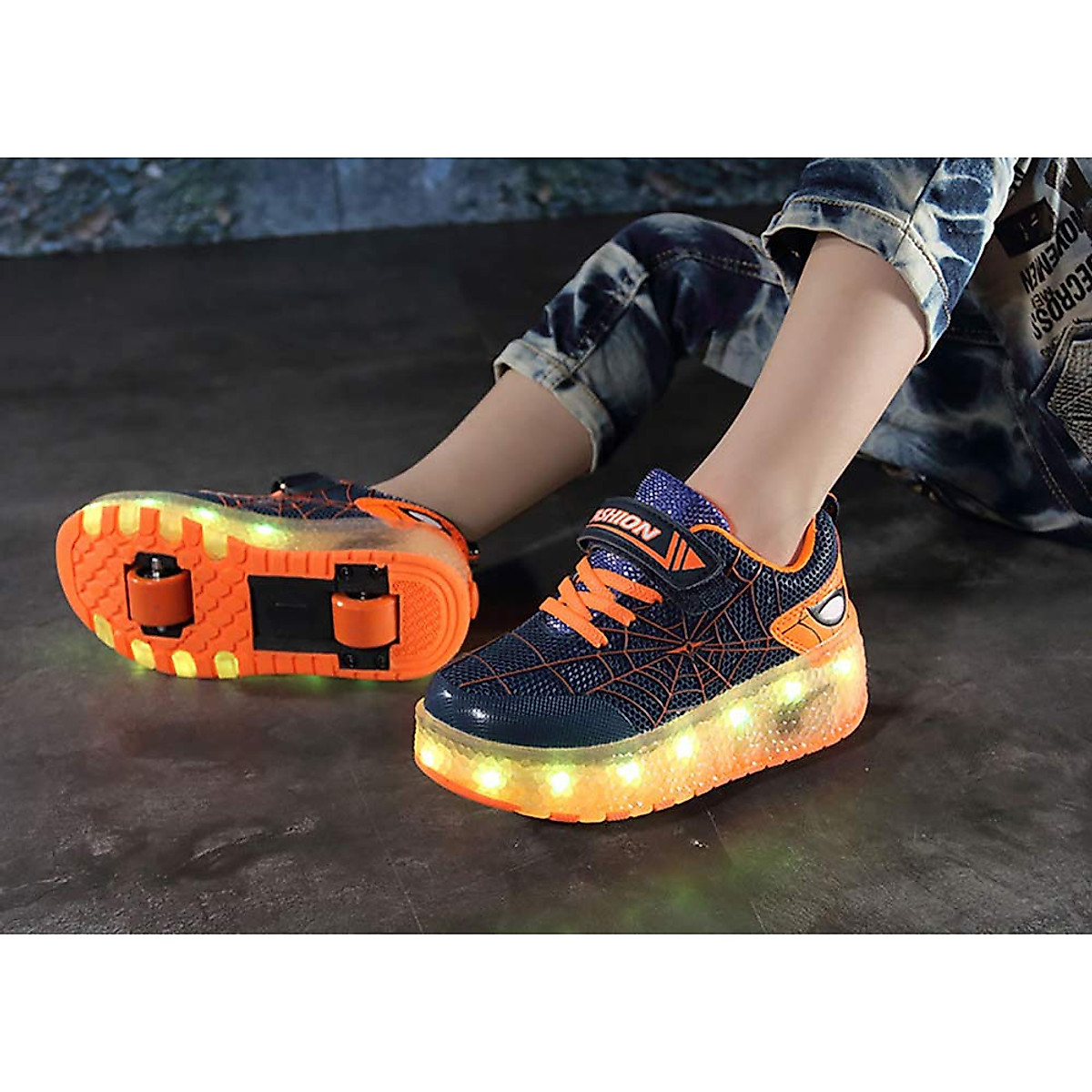 Auhoho Kids Double Wheels Roller Skate Shoes USB Charging Led Light Up Shoes Sneakers for Boys Girls 6.5 M US Big Kid,Orange
