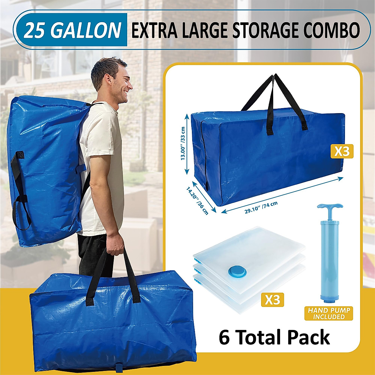 6 Pack Heavy Duty Extra Large Moving Bags with Backpack Straps & Vacuum Storage Bags Moving Supply Combo, Moving Totes with Handles & Zippers for Space Saving, Fold Flat, Includes Vacuum Bags