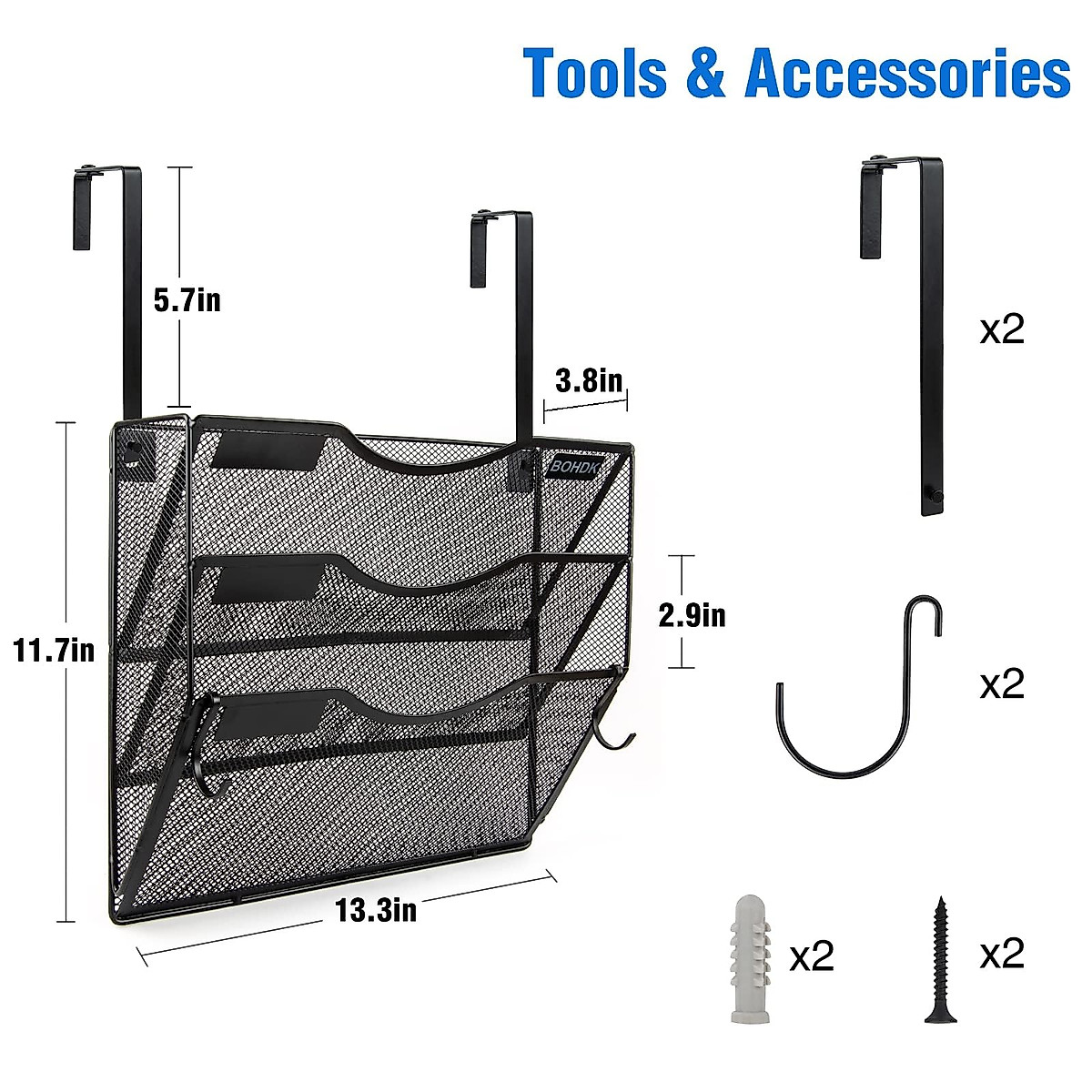 BOHDK Wall File Organizer, 3 Tire Hanging File Folder Organizer, Vertical Mesh Metal Door/Wall Mount Hanging File Holder. Paper Document Magazine Rack with Hooks for Home Office Black