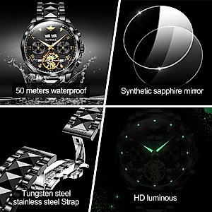 OUPINKE Black Men Automatic Mechanical Wrist Watches Luxury Dress Tungsten Steel Luminous Waterproof Sapphire Diamond Calendar Best Gifts Men