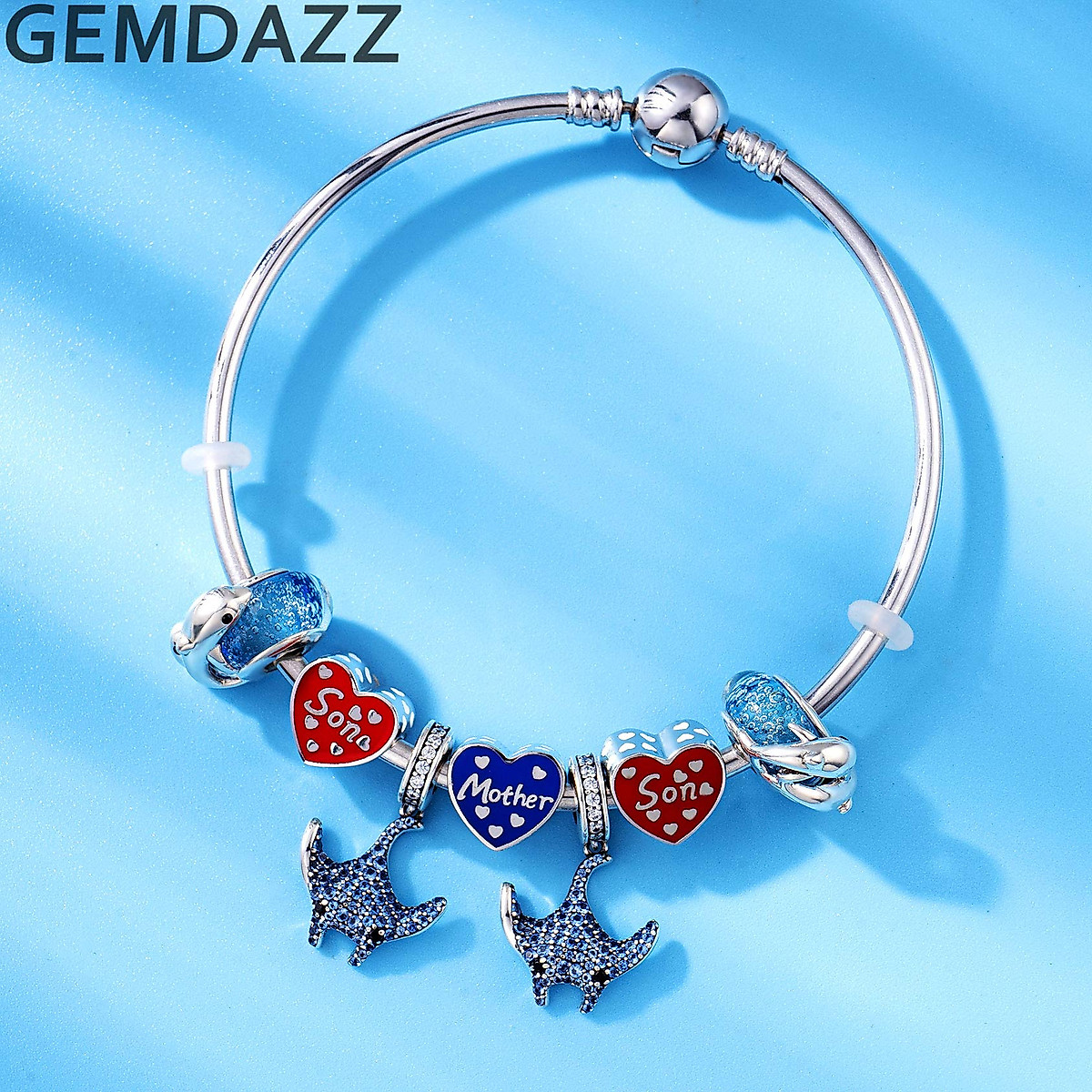 3D Devil Manta Ray Fish Charms, Charm fits Pandora Ocean Animal Bracelet, 925 Sterling Silver Sparkling Pave Blue CZ Pendant Beads, Gift for Hawaii Vacation/Christmas/Birthday