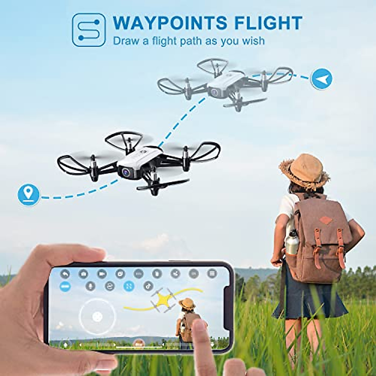 SEAREFR Drones for Kids Adults with 1080P HD Camera, WiFi Mini FPV Drone for Beginners, Toys Gifts for Boys Girls, RC Quadcopter Helicopter, 2 Batteries, Gravity Control, Gesture Control, 3D Flips, Waypoints Fly, Headless Mode, Altitude Hold, One Key Take